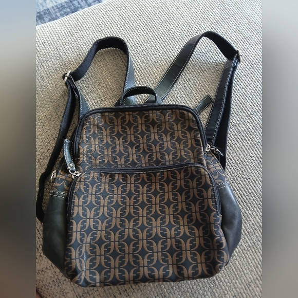 Fossil | Bags | Fossil Monogram Black Tan Canvas Leather Backpack ...